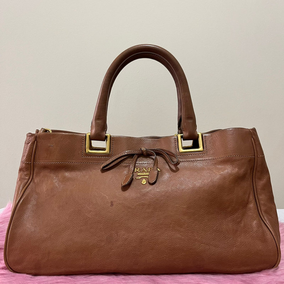 Prada Vitello Daino 2-way Brown – 10"H x 13"L x 6"W – Miss Manila Luxe