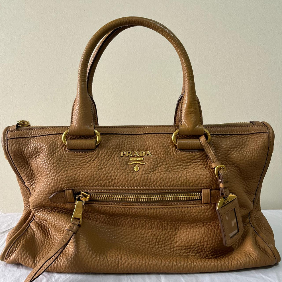 Prada Vitello Daino 2-Way Mustard – 10"H x 13"L x 6"W – Miss Manila Luxe